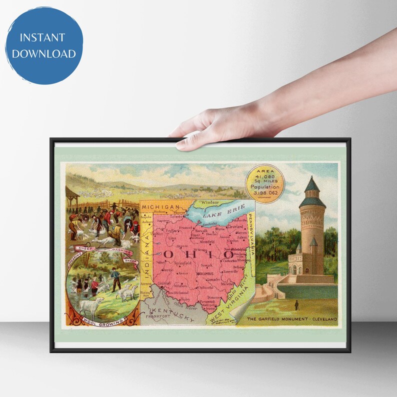 Illustrated Map of Ohio 1890 Digital Print Historic - Etsy