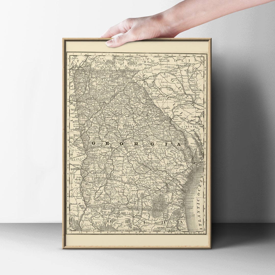 Historic Georgia State Map Antique 1878 Tan Print Rustic Wall Art Decor ...