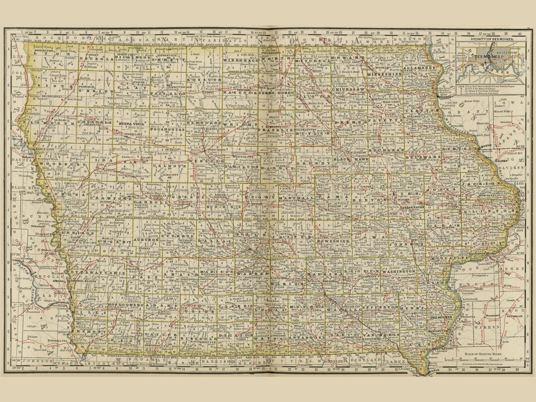 Historical Iowa Map Print United States Atlas 1878 Tan Print - Etsy