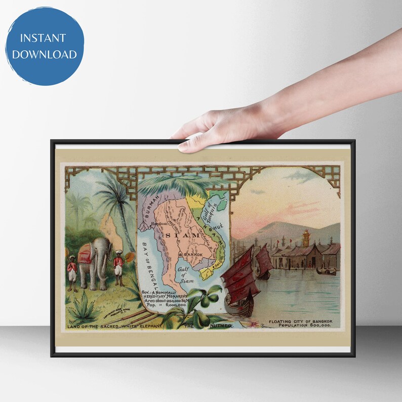 Illustrated Map of Siam 1890 Digital Print Historic Digital Download ...
