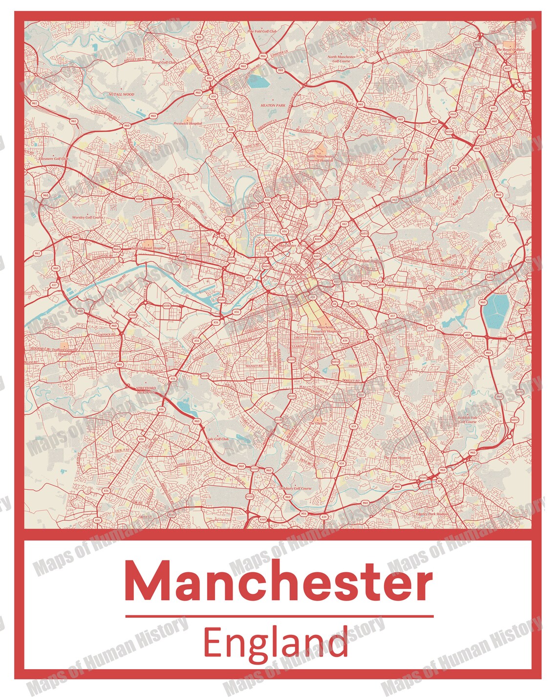 Retro Manchester England Street Map Poster & Canvas Print - Etsy