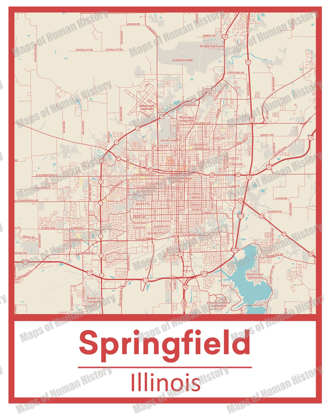 Retro Springfield Illinois Street Map Poster And Canvas Print Etsy