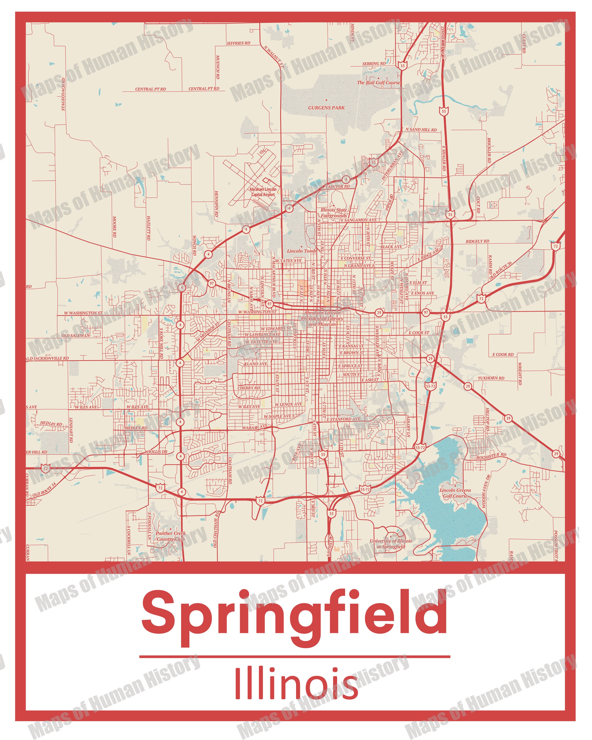 Retro Springfield Illinois Street Map Poster & Canvas Print - Etsy