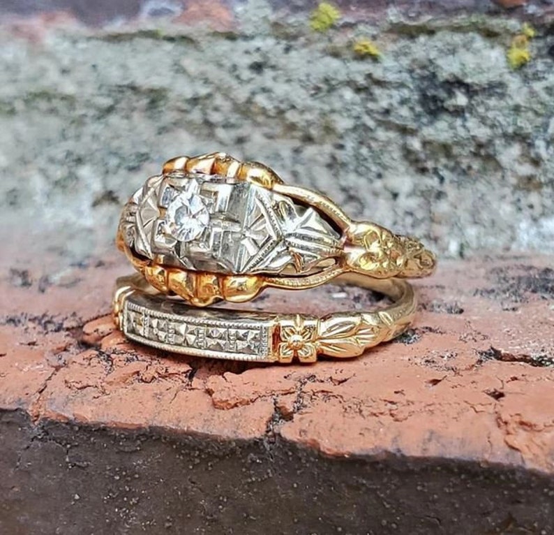 Vintage Ring Set, Antique Bridal Round Moissanite Engagement Set ...