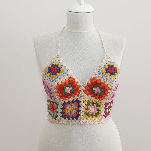 Crochet Crop Top Motif Crop Top Granny Square Top 70s Etsy