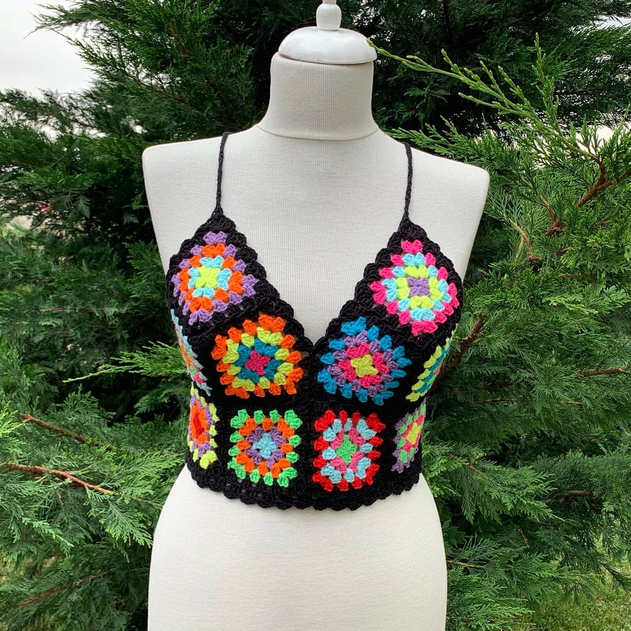Crochet Crop Top Motif Crop Top Granny Square Top 70s Etsy