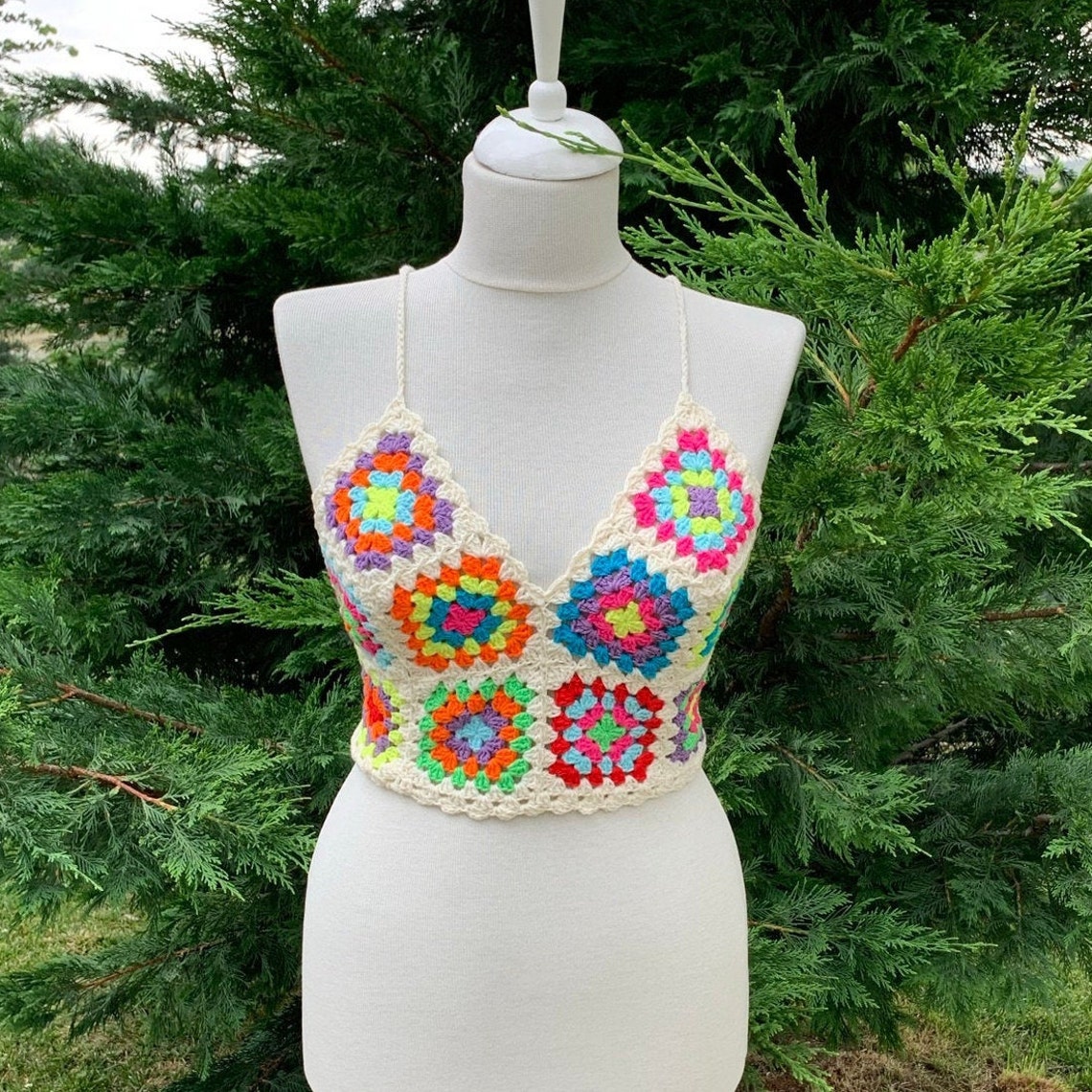 Crochet Crop Top Motif Crop Top Granny Square Top 70s | Etsy