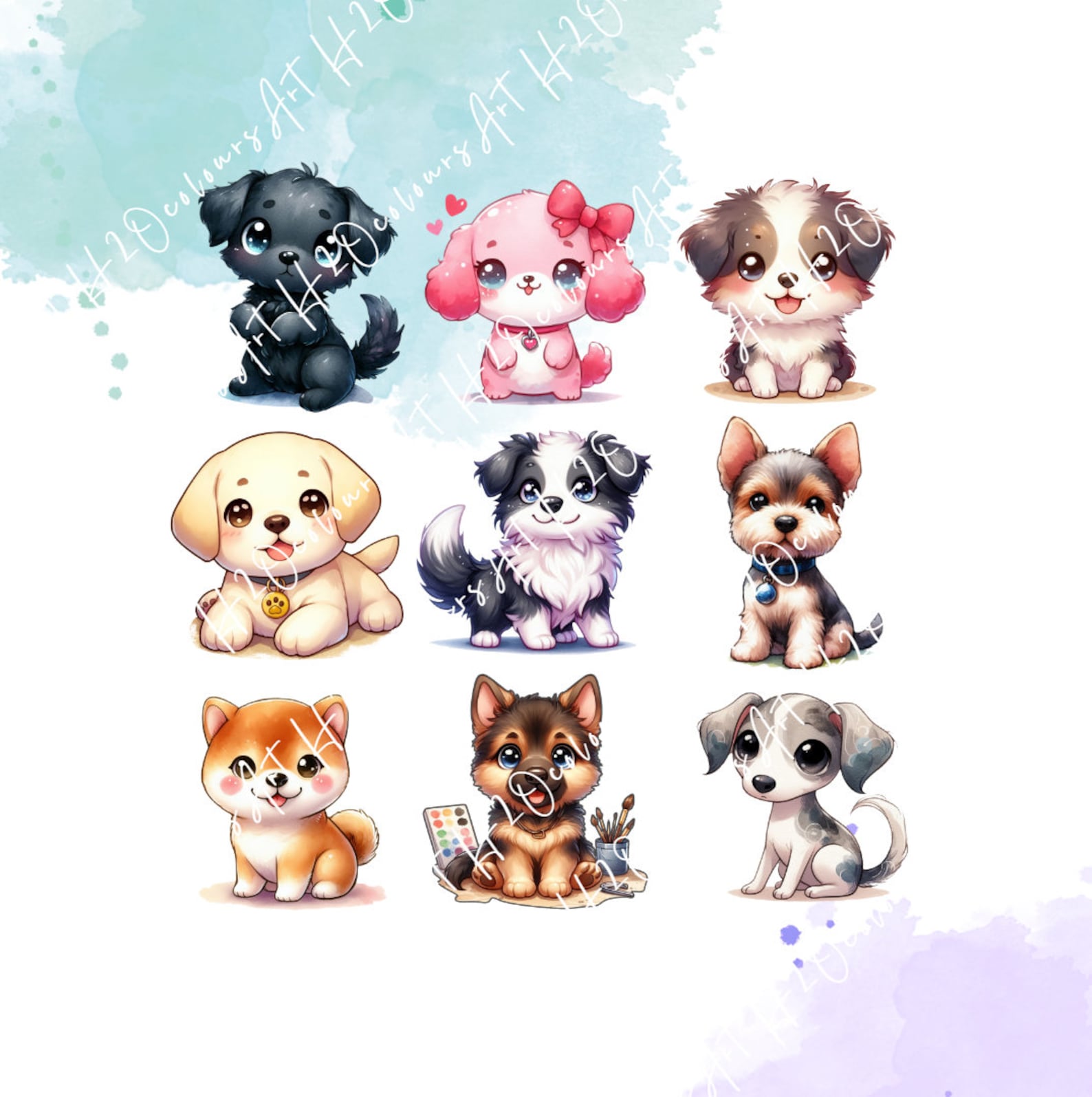 Cute Kawaii Dog Clipart Bundle | Kawaii Watercolour | 25 Cute Puppypng ...