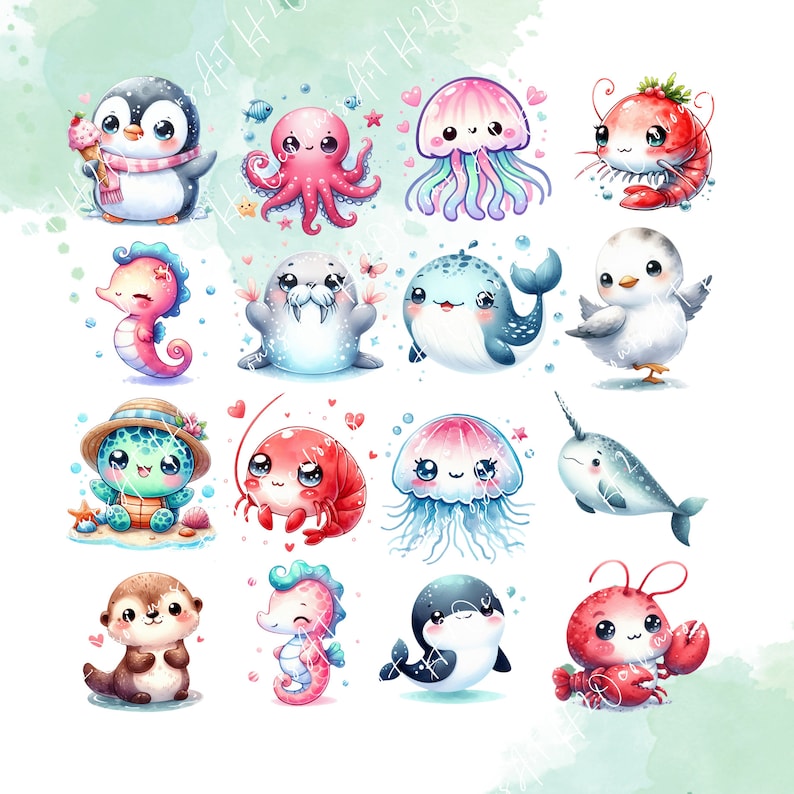 Aquatic Animals Sticker Bundle | Marine Watercolour | 35 Cute Sea ...