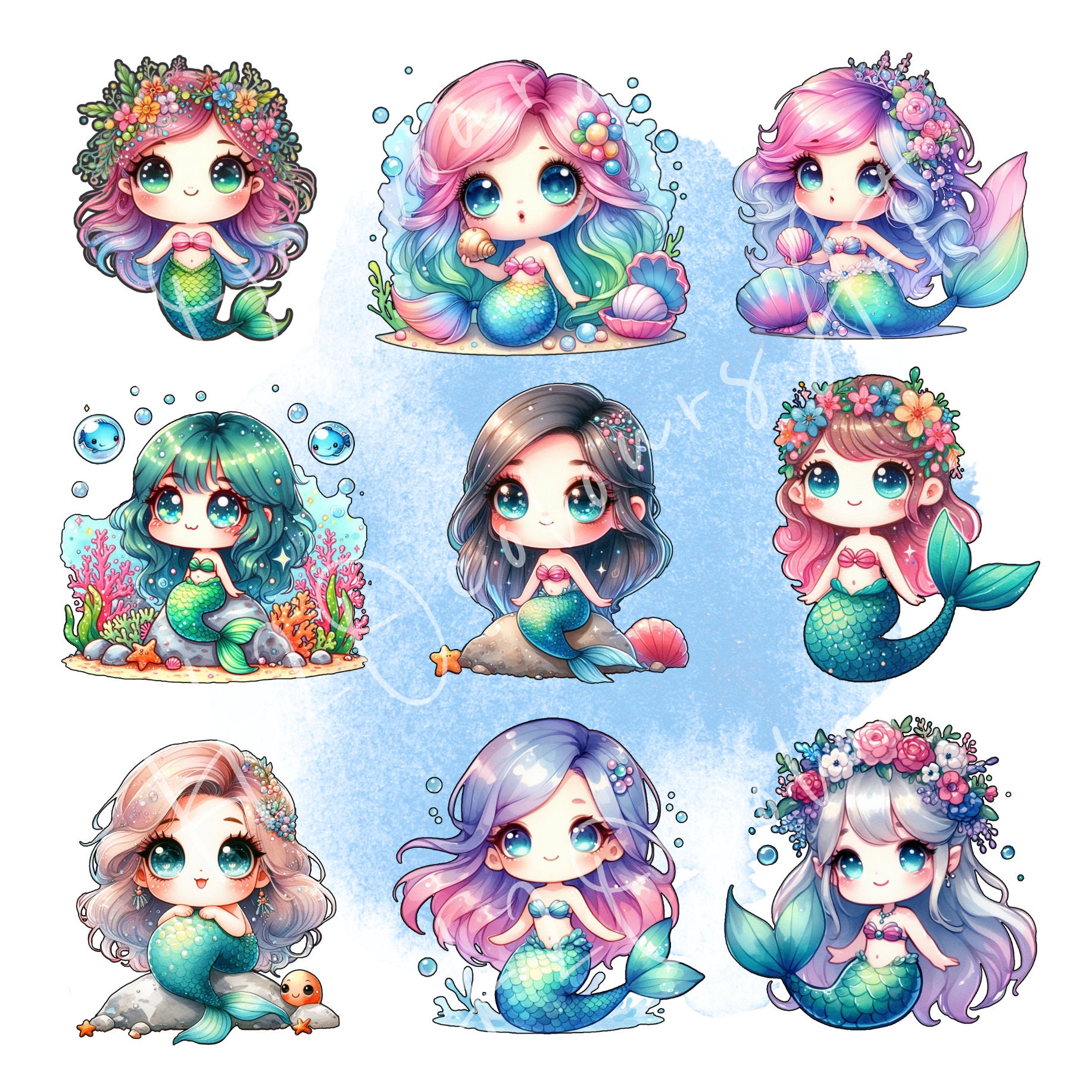 25 Mermaid Clipart Bundle| Watercolor Cute Mermaid Clipart Underwater ...