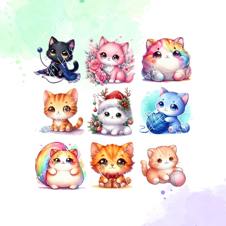 Cute Chibi Cat Clipart Bundle | Kawaii Watercolour | 25 Cute Cats PNG ...