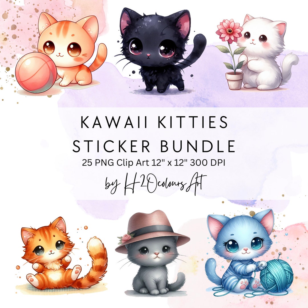 Cute Chibi Cat Clipart Bundle | Kawaii Watercolour | 25 Cute Cats PNG ...