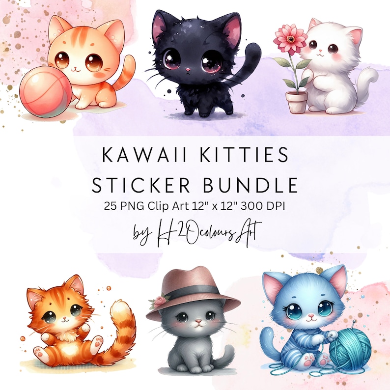 Cute Chibi Cat Clipart Bundle | Kawaii Watercolour | 25 Cute Cats PNG ...