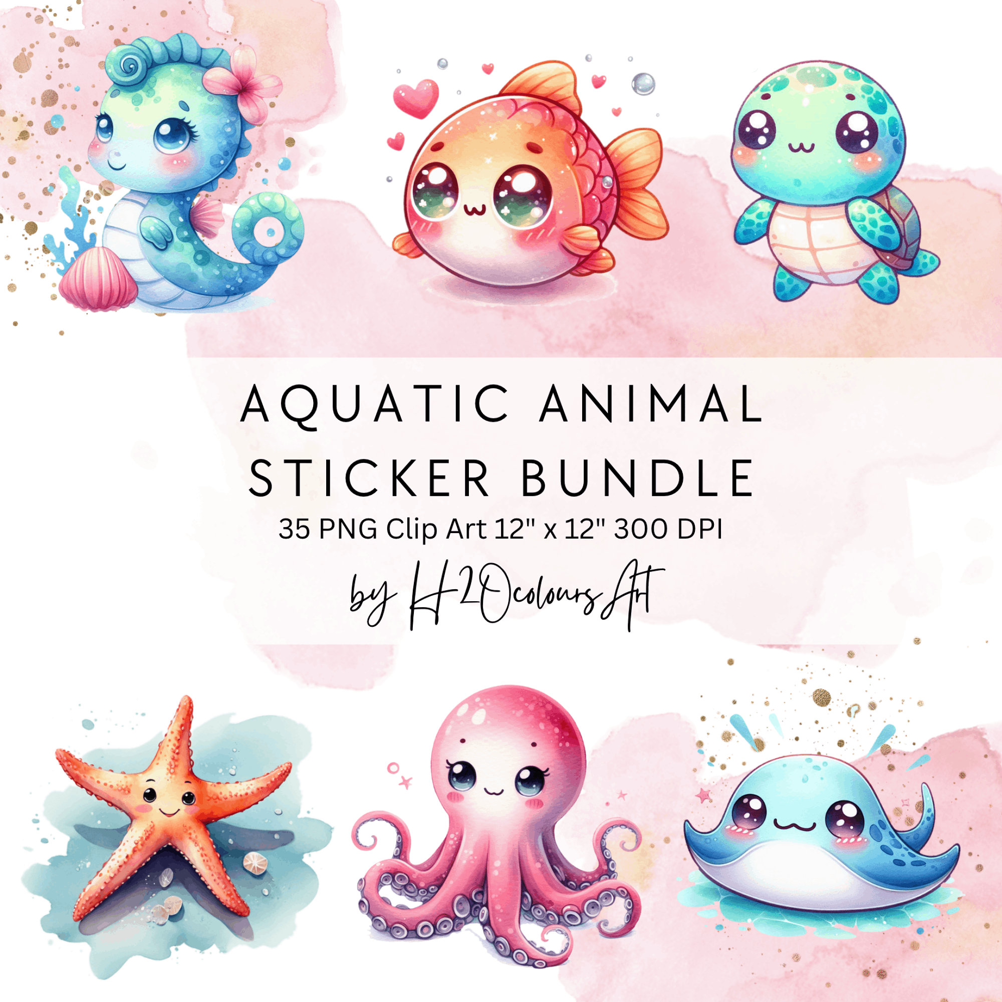 Aquatic Animals Sticker Bundle | Marine Watercolour | 35 Cute Sea ...