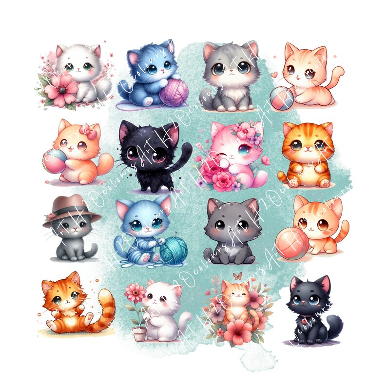 Cute Chibi Cat Clipart Bundle | Kawaii Watercolour | 25 Cute Cats PNG ...