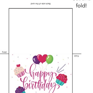 Printable Happy Birthday Card, Birthday Card With Balloons and Cupcakes ...