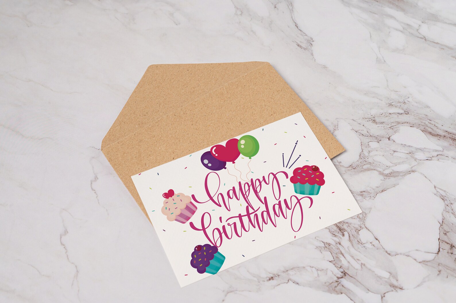 Printable Happy Birthday Card, Birthday Card With Balloons and Cupcakes ...