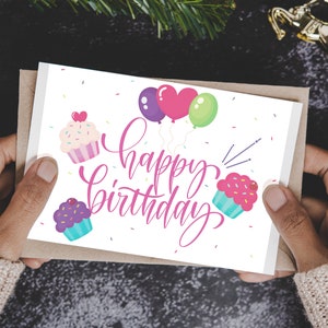 Printable Happy Birthday Card, Birthday Card With Balloons and Cupcakes ...