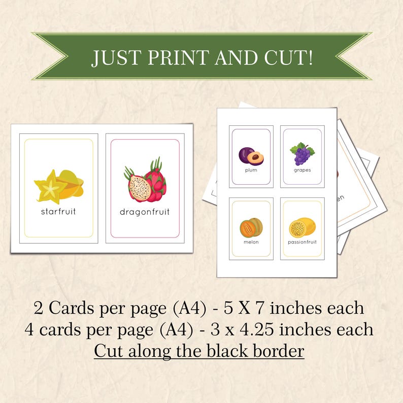 Fruits Flashcards for Kids - Printable Montessori Learning Cards for ...