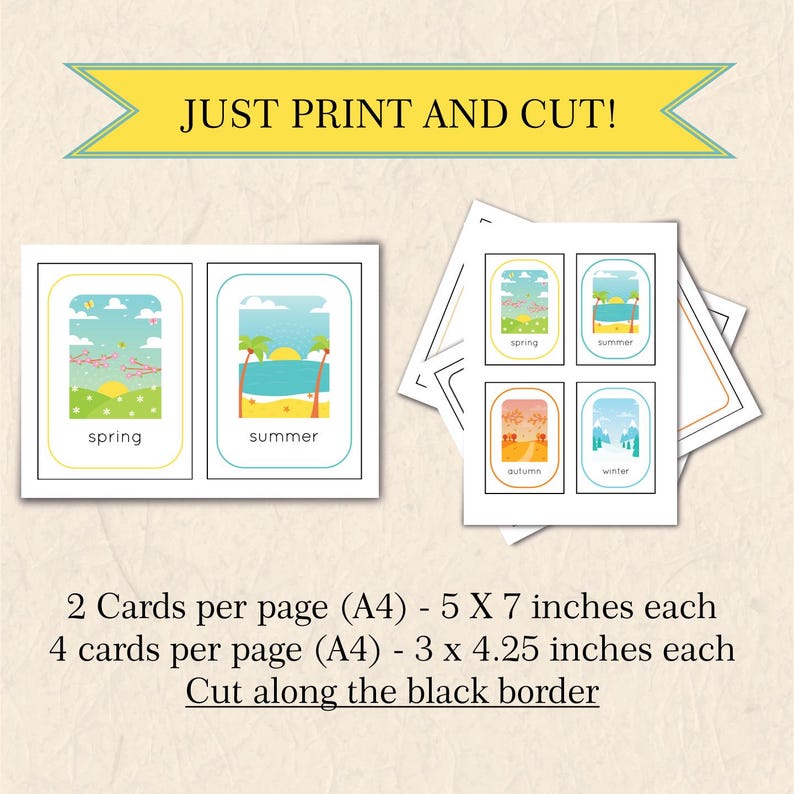 Printable 4 Seasons Flashcards | Montessori Activity for Kids | Spring ...