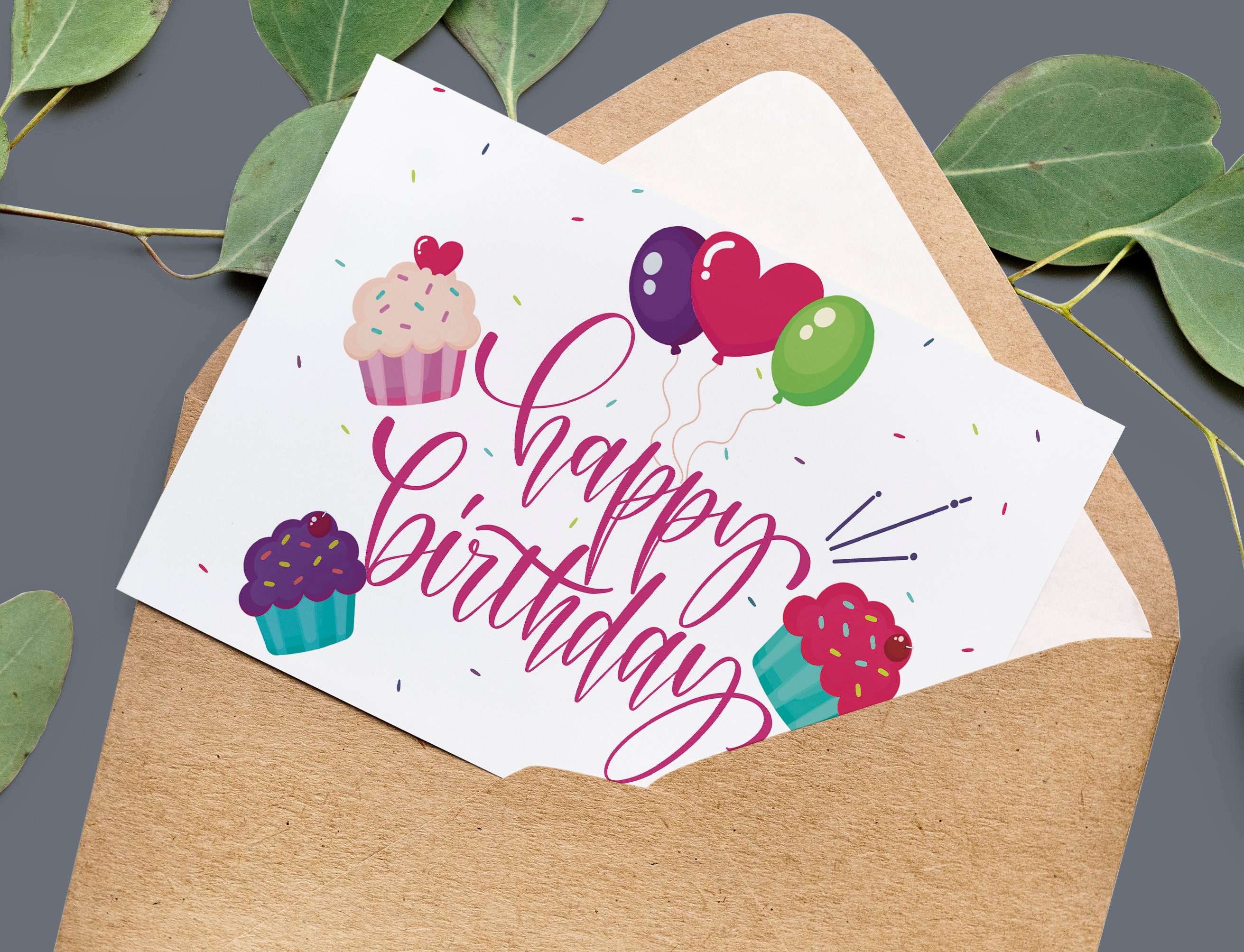 Printable Happy Birthday Card, Birthday Card With Balloons and Cupcakes ...