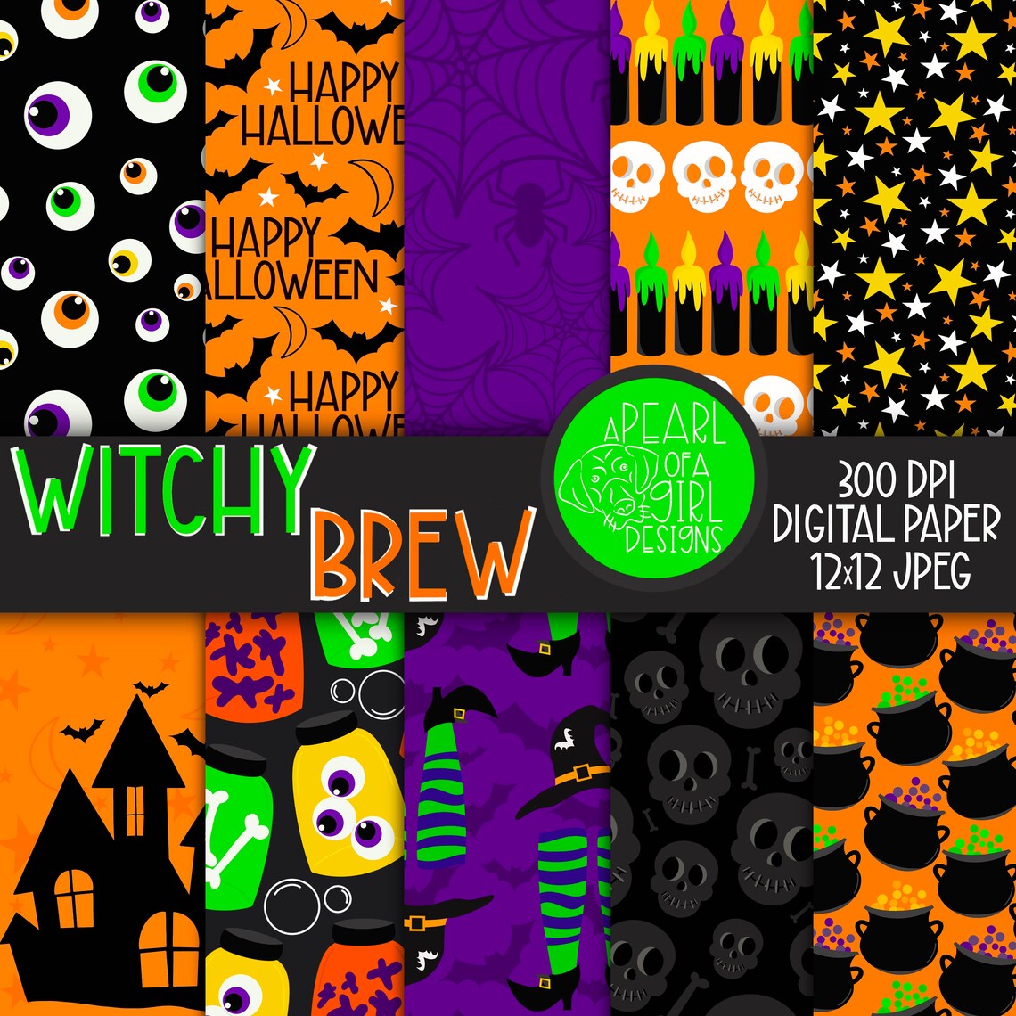 Witchy Brew Digital Paper Pack, Printable, Halloween, Witch, Skulls ...