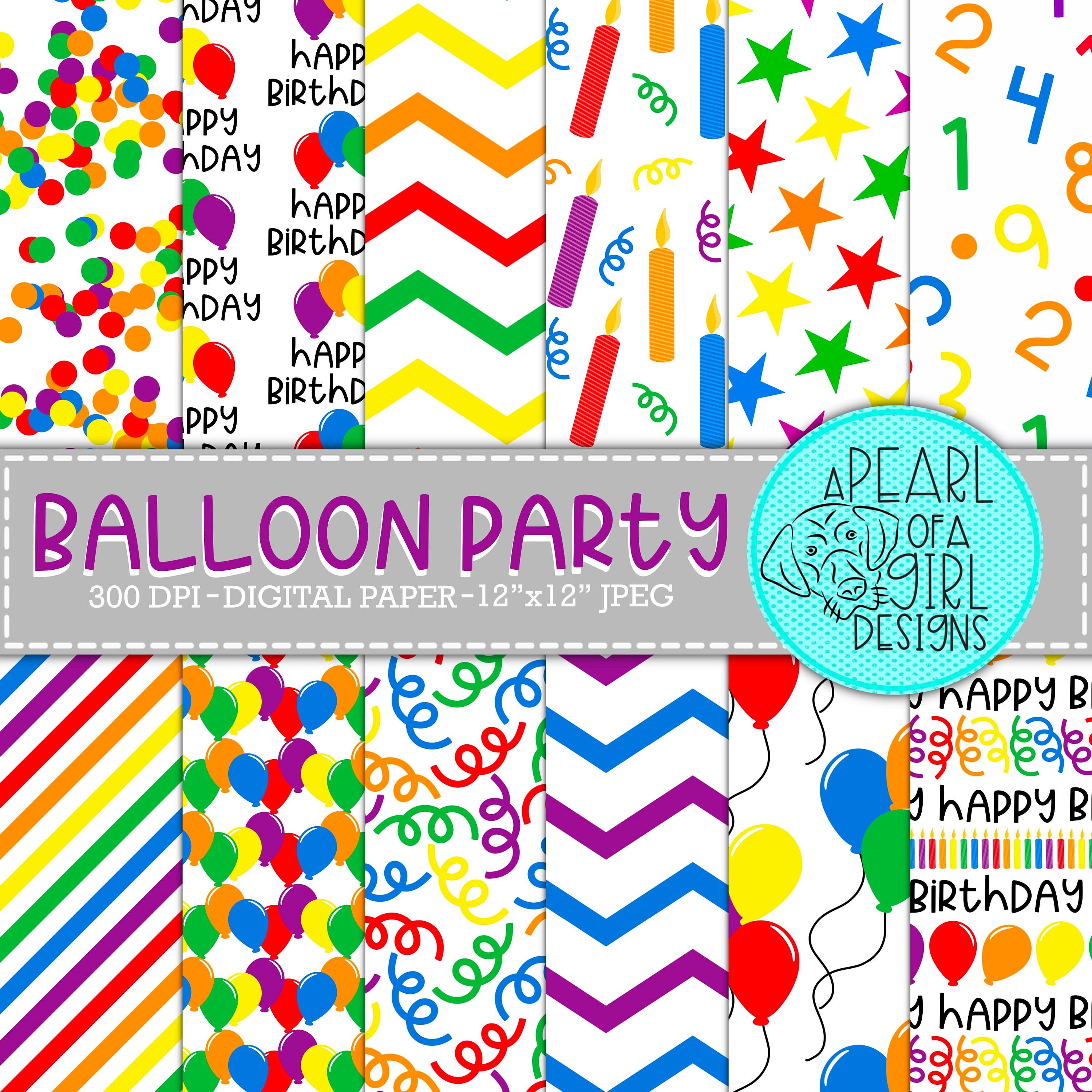 Balloon Party Digital Paper Pack, Birthday Paper, Scrapbook, Happy ...