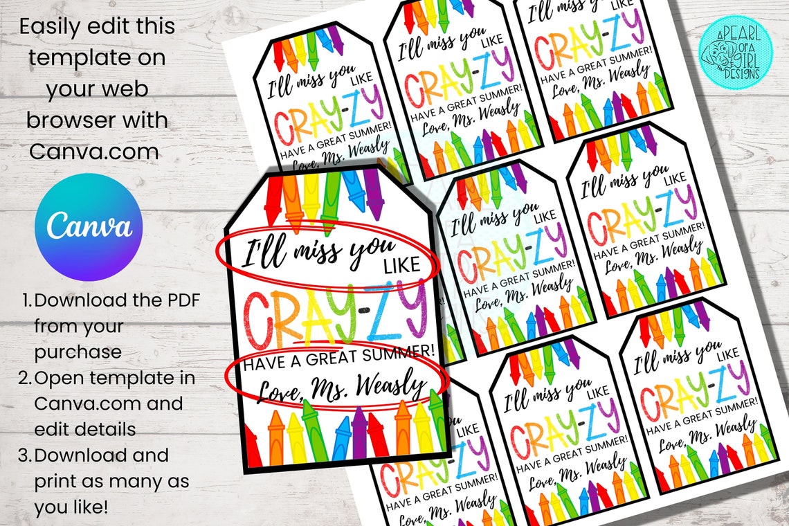 I'll Miss You Like Crazy End of Year Tags, End of School Year Gift Tag ...