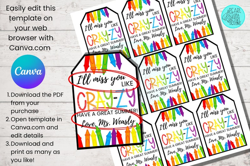 I'll Miss You Like Crazy End of Year Tags, End of School Year Gift Tag ...