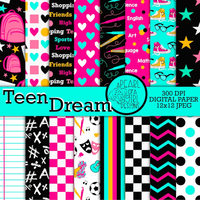 Teen Dream Digital Paper Pack, Printable Paper, High School, Scrapbook ...