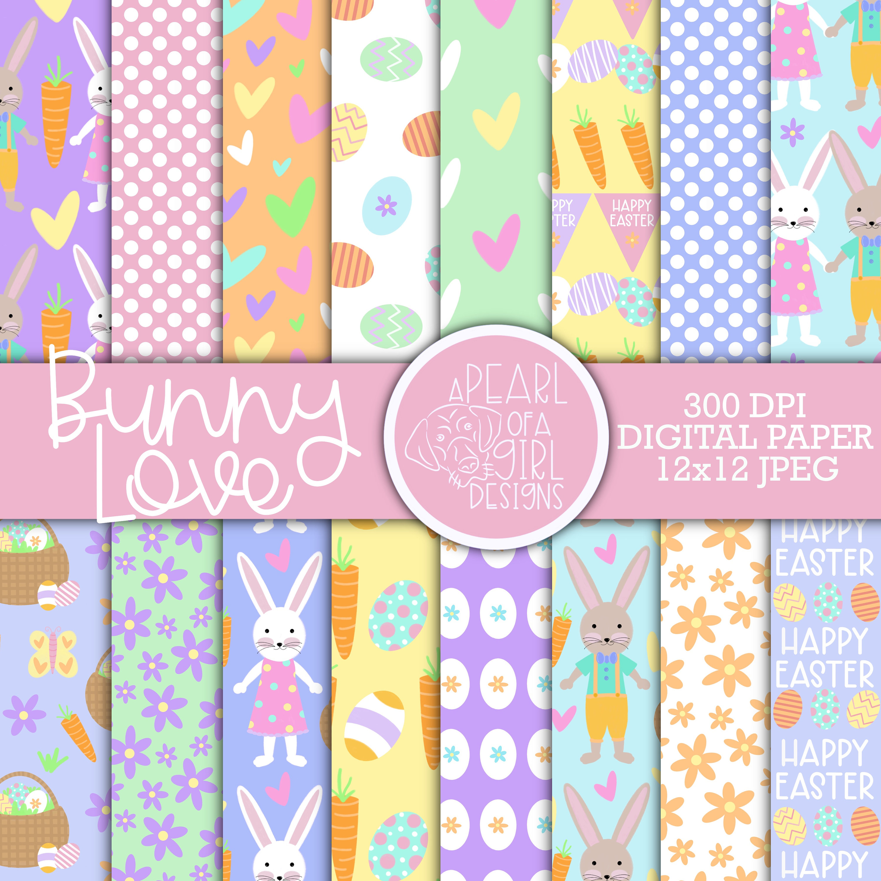 Bunny Love Digital Paper, Happy Easter Paper Pack, Easter Bunny, Easter ...