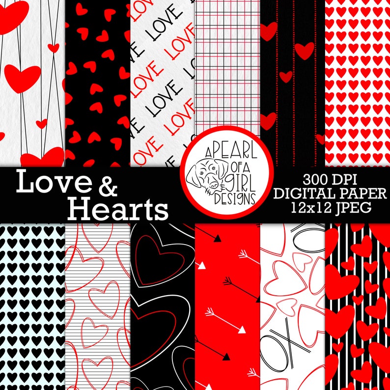 Love and Hearts Digital Paper Pack, Red Digital Paper, Valentine Paper ...