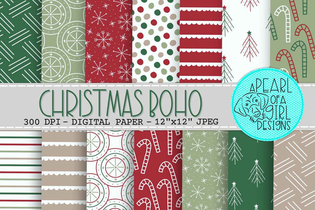 Christmas Boho Digital Paper, Christmas Backgrounds, Christmas ...