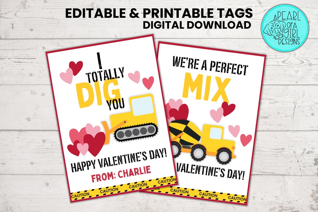 Printable Construction Valentine's Day Cards, Classroom Valentine Cards ...