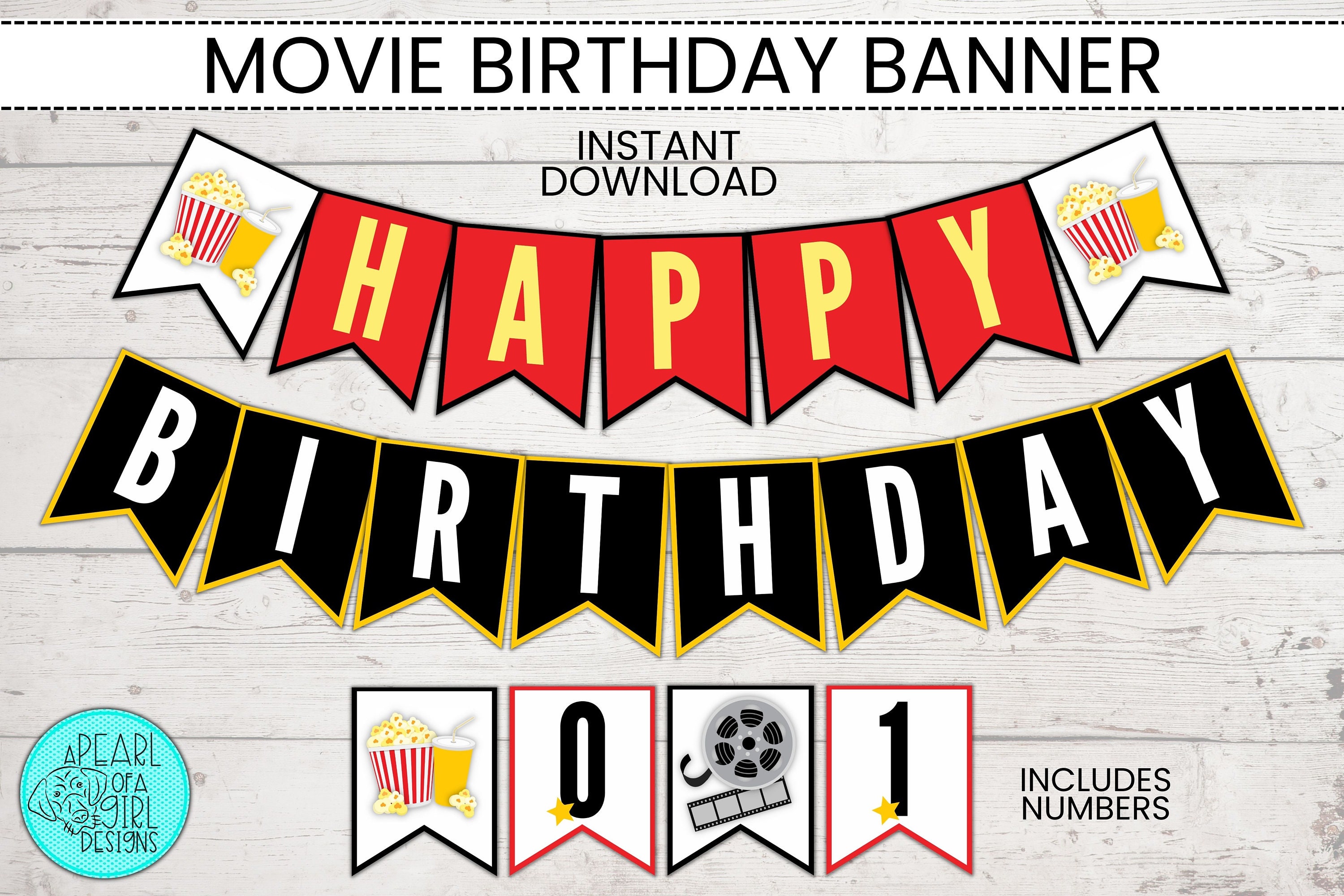 Movie Night Birthday Banner, PRINTABLE Birthday Banner, Movie Night ...