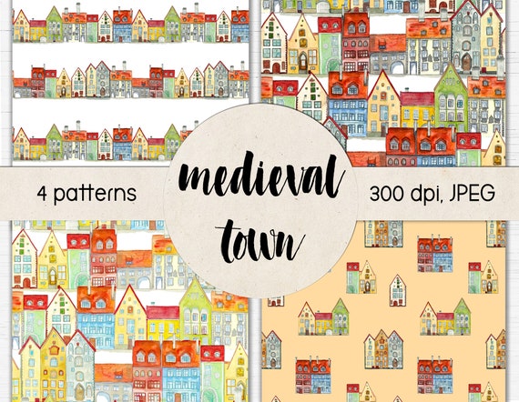 Watercolor Medieval Town Digital Paper Pack Handdrawn Houses | Etsy