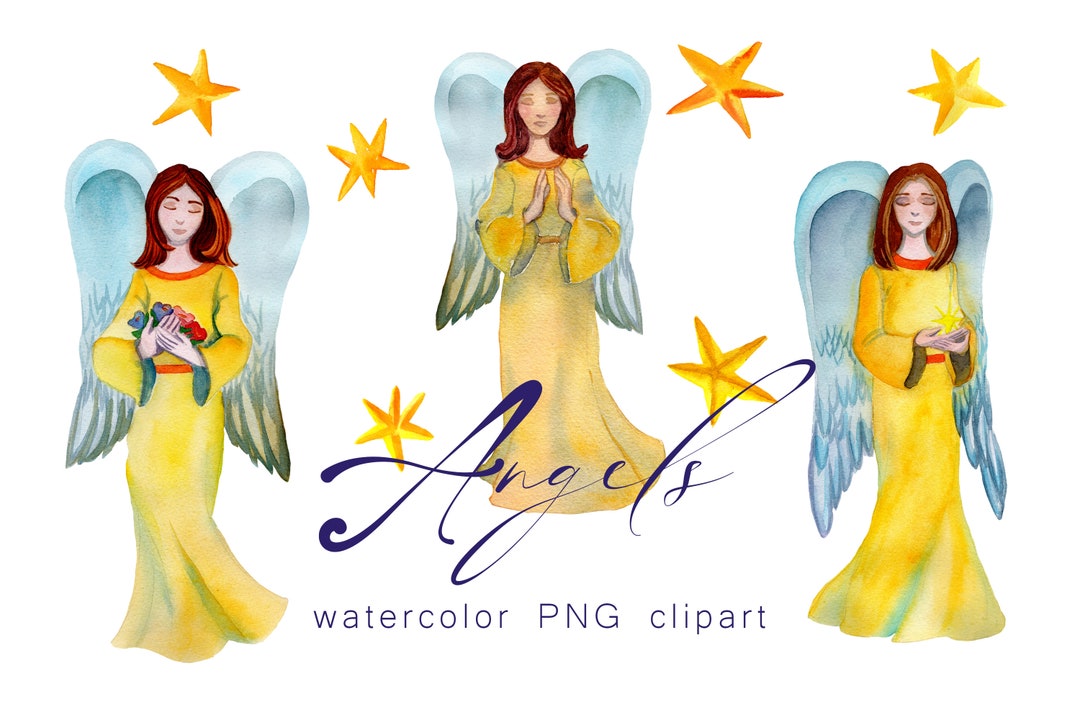 Watercolor Angel Illustration, 3 Figures of Holy Angels With Star and ...