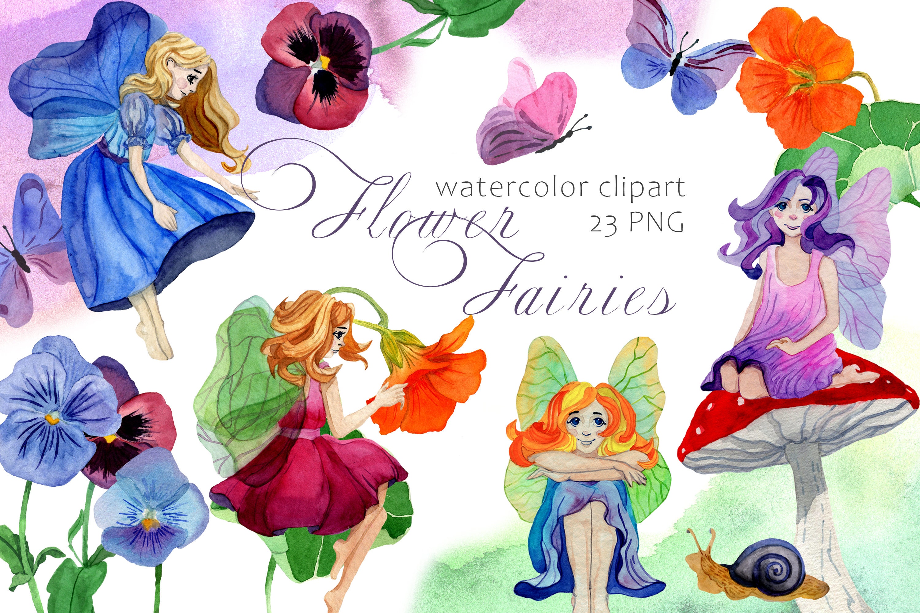 Magic Fairies Watercolor Clipart Set/fairy and Flowers 23 PNG Elements ...