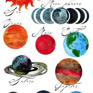 Sun, Moon, Solar System Planets Clipart, 12 Printfiles, Handdrawn ...