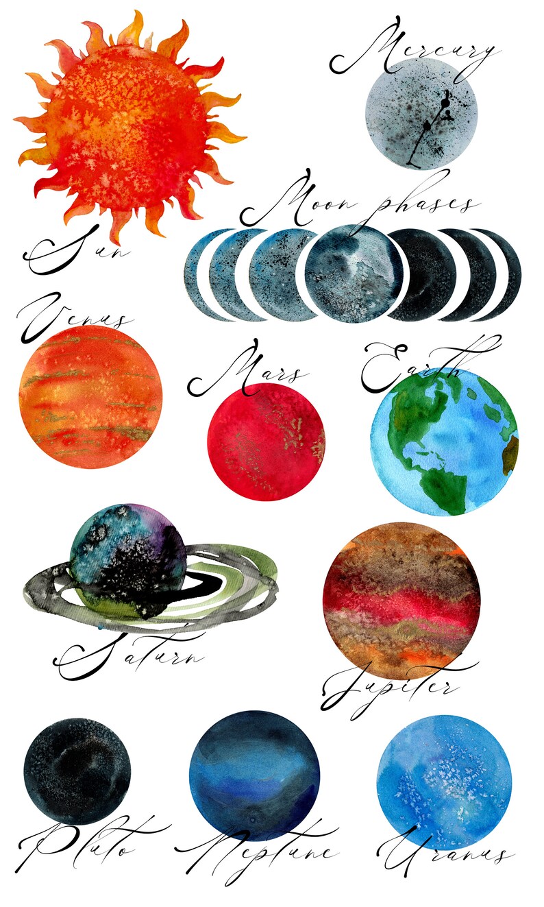 Sun, Moon, Solar System Planets Clipart, 12 Printfiles, Handdrawn ...