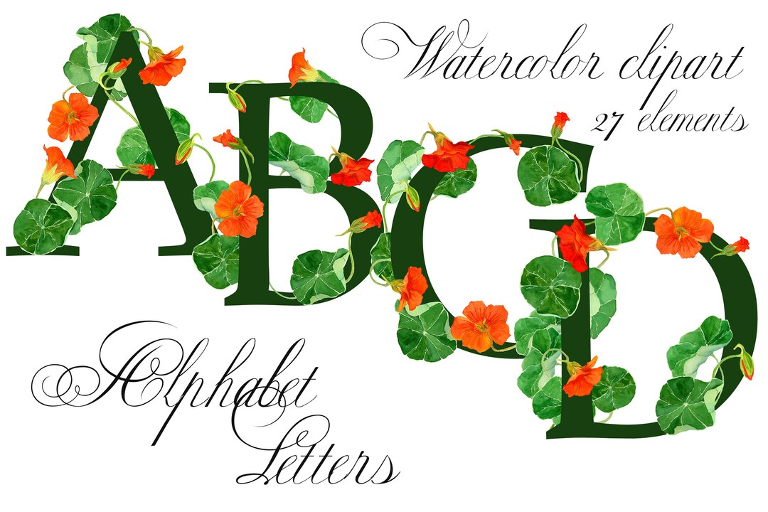 Watercolor Alphabet Clipart, Letters Decorated With Orange Flowers of ...