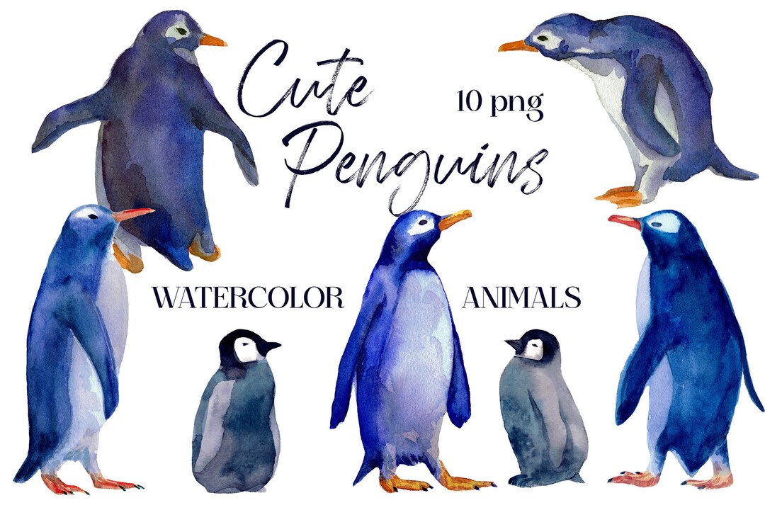 Watercolor Illustration of 10 Penguins Clipart Collection/ Cute ...