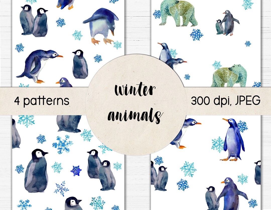 Penguins and White Bear Digital Paper Pack / Watercolor Handpainted ...