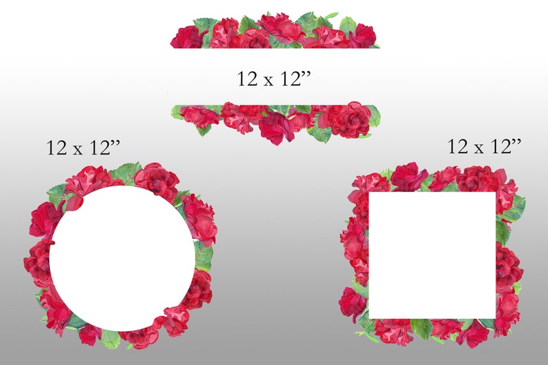 Classic Red Roses Watercolor Frames Clipart, Red Rose Wreath, Floral ...