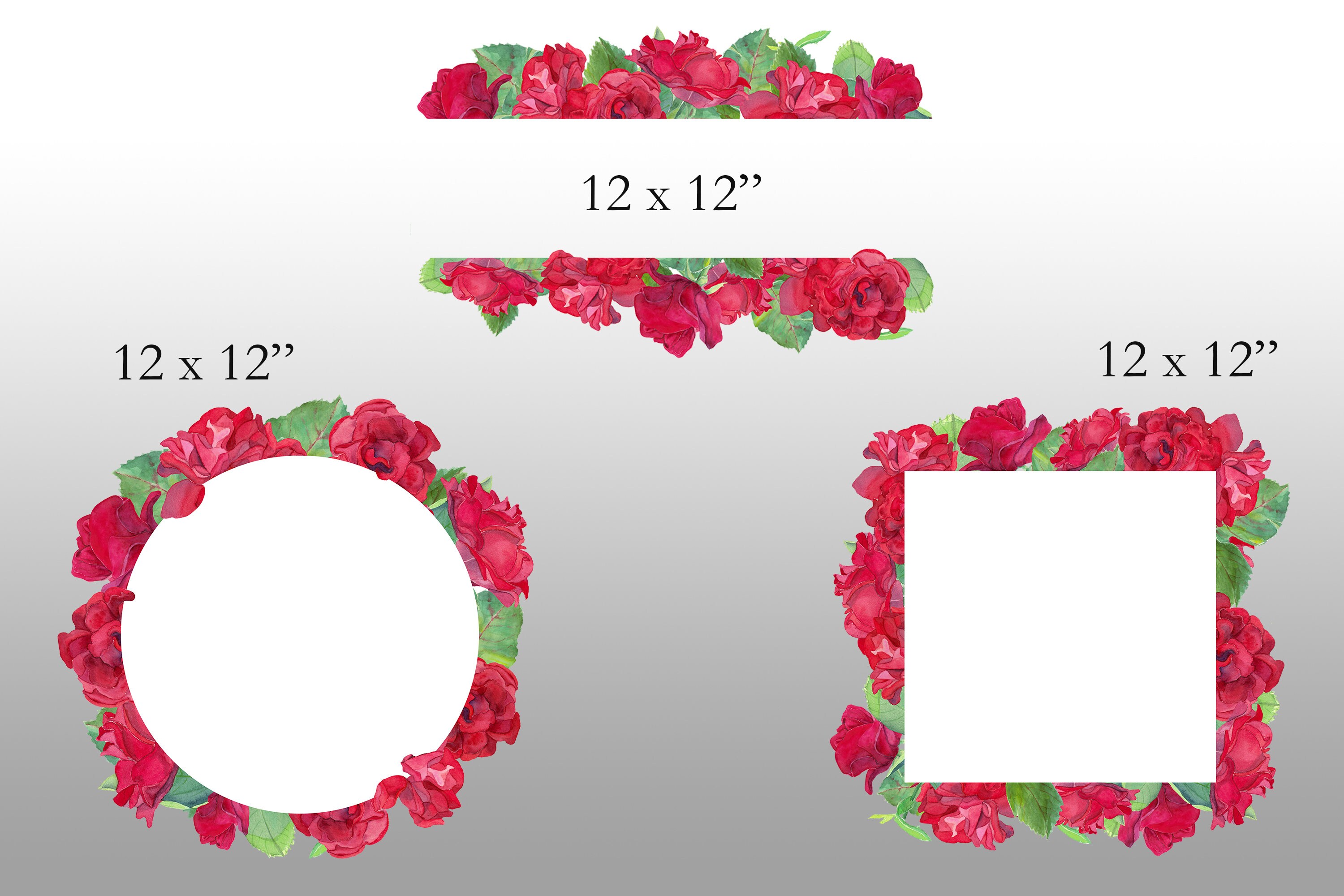 Classic Red Roses Watercolor Frames Clipart, Red Rose Wreath, Floral ...