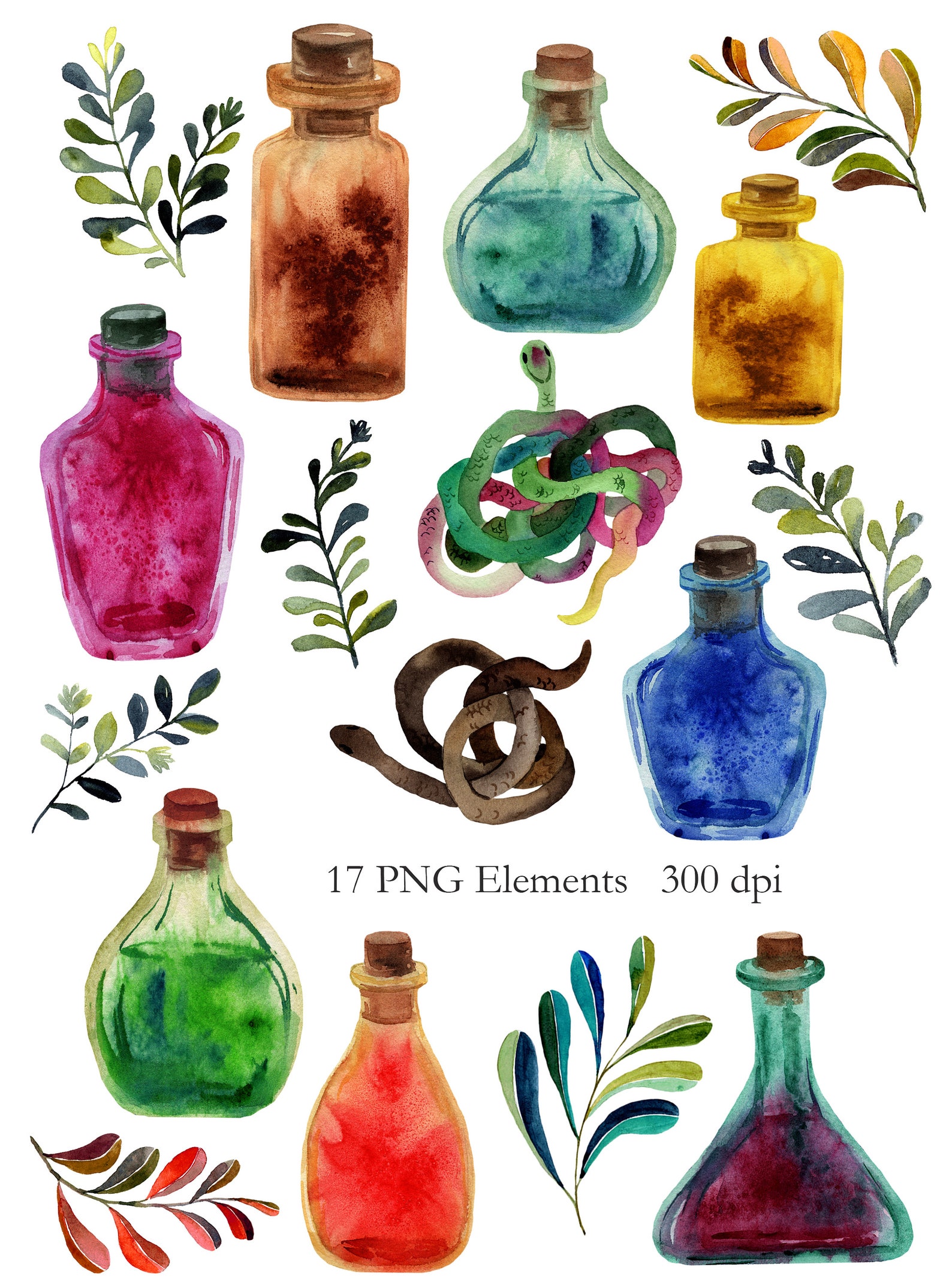 Watercolor Magic Bottles Clipart / Witchcraft Glass Bottles With ...
