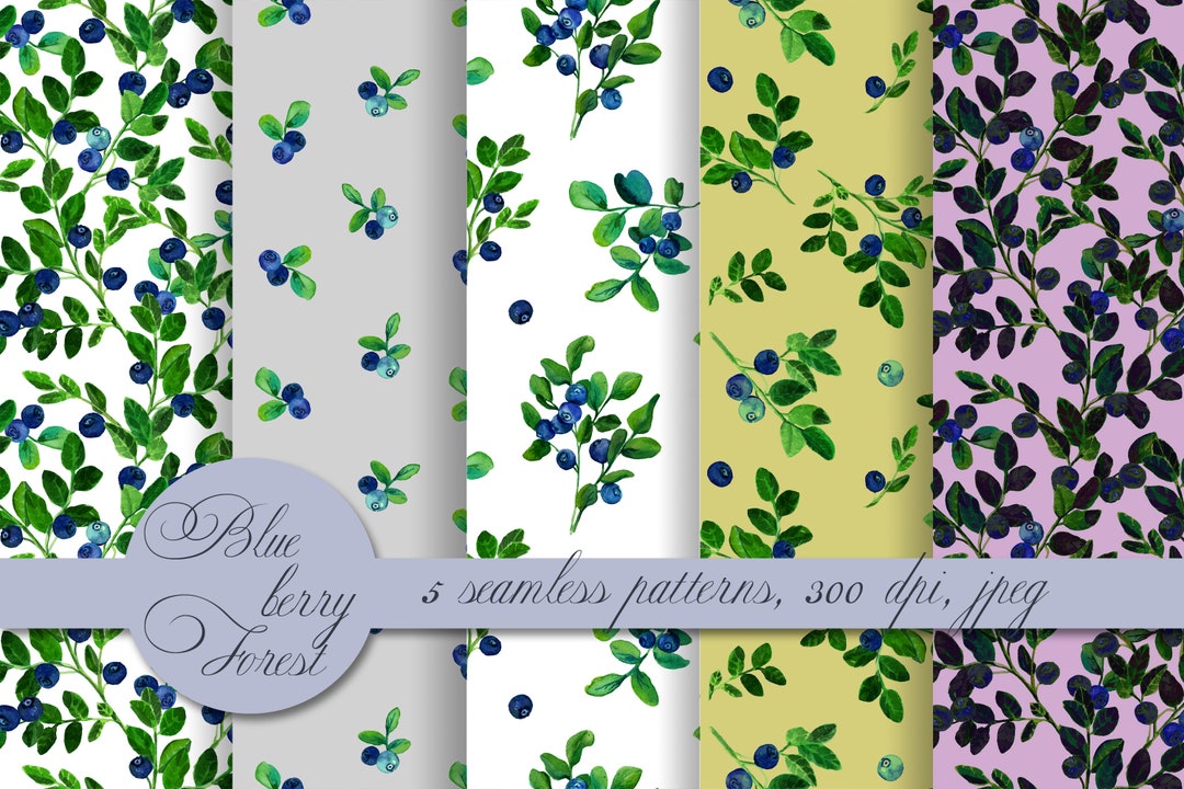 Watercolor Digital Paper Blueberry Forest, Floral Seamless Patterns ...