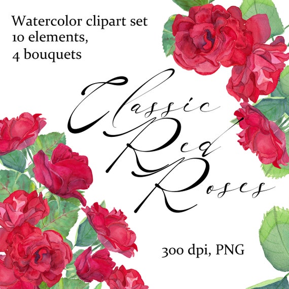 Watercolor Classic Red Roses Clipart Set 10 Flowers Element - Etsy