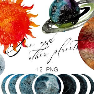 Sun, Moon, Solar System Planets Clipart, 12 Printfiles, Handdrawn ...