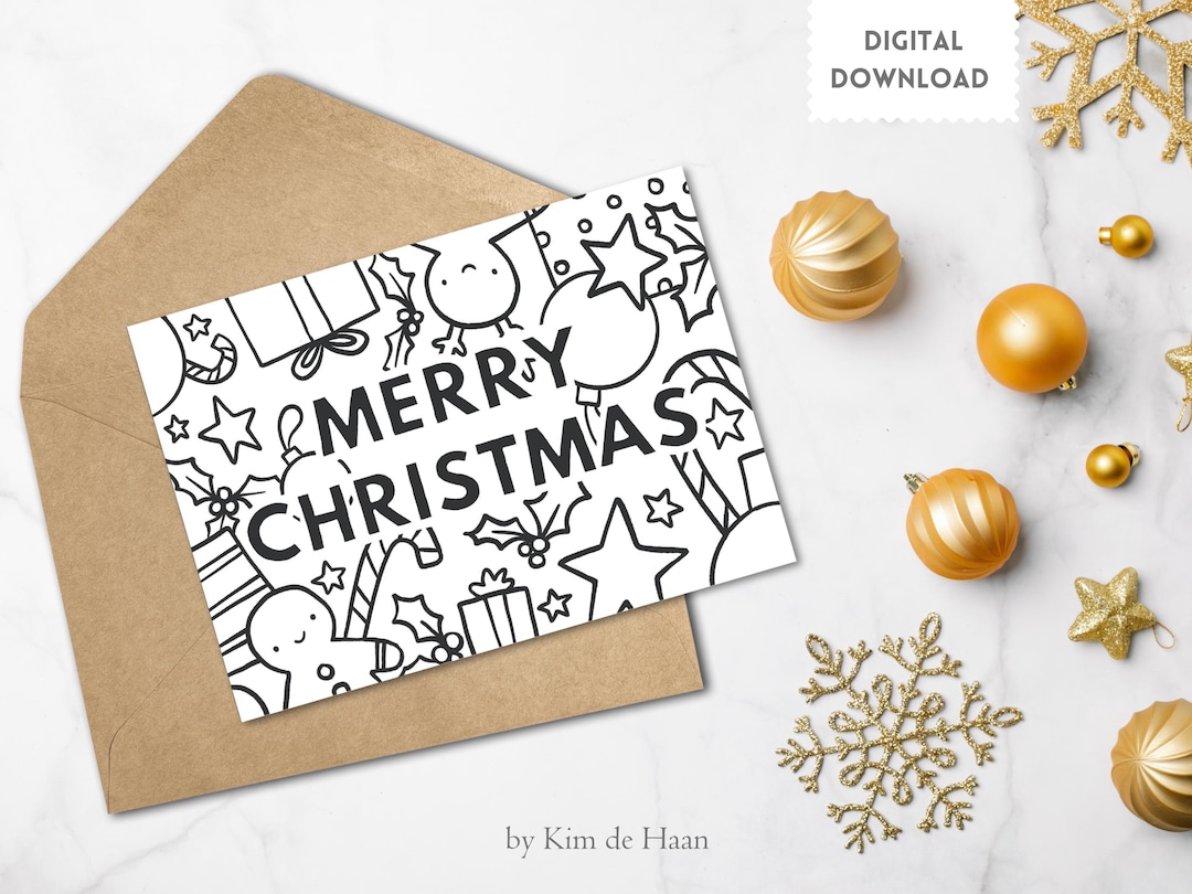 Colour in Christmas 5x7 Card Printable Holiday Line Art DIY Festive ...